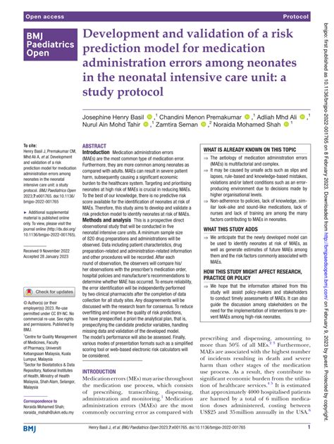 Pdf Development And Validation Of A Risk Prediction Model For Medication Administration Errors