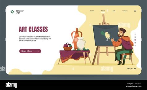 Art Class Landing Page Painter With Brush Drawings Still Life On Canvas Cartoon Colorful Vector