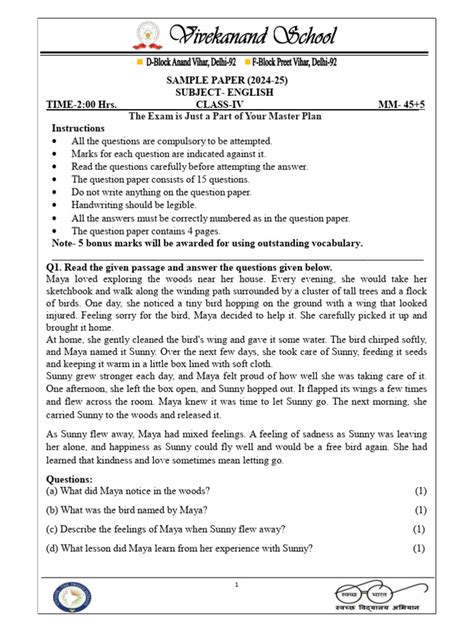 Class 4 Eng Sample Paper 25012025 154759 Pdf Linguistics Grammar