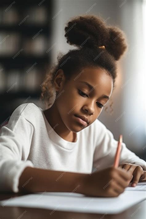 Premium Ai Image Shot Of A Young Girl Working On Her Homework At Home Created With Generative Ai