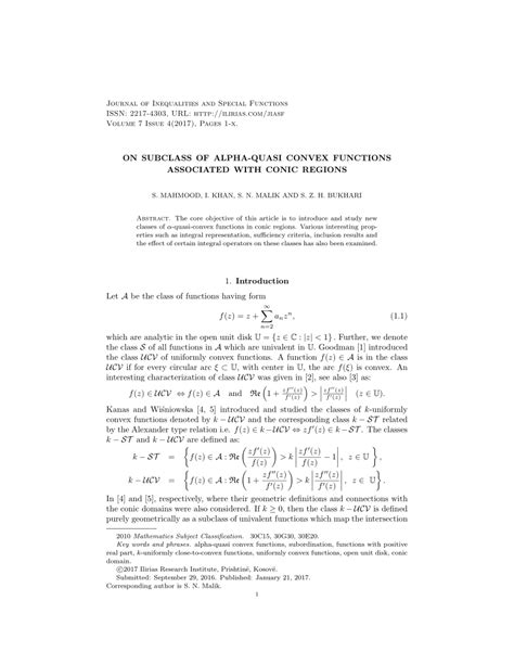 Pdf On Subclass Of Alpha Quasi Convex Functions Associated With Conic