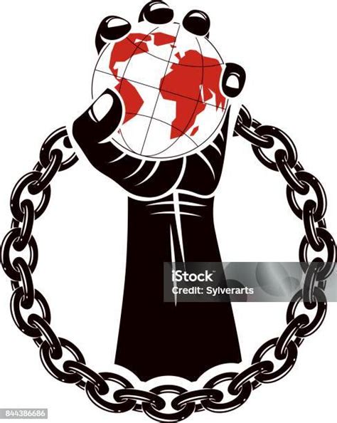 강한 남자의 근육 쥔된 주먹 철 사슬에 의해 둘러싸인 지구 지구 벡터 일러스트 레이 션을 하 고 혁명 지도자 개념 남북 전쟁