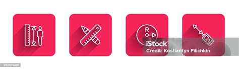 설정 선 측정 높이 몸체 십자형 눈금자 및 연필 반경 및 긴 그림자가 있는 레이저 거리 측정기 빨간색 사각형 버튼입니다 벡터 가리키기에 대한 스톡 벡터 아트 및 기타 이미지