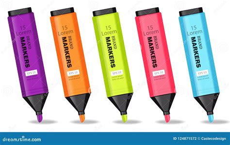Colorful Markers Set Vector Realistic 3d Detailed Illustrations Stock