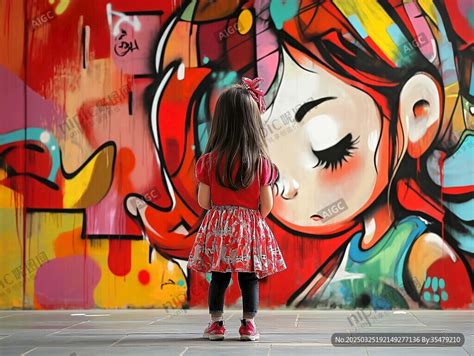 Ai创作图小女孩 涂鸦 街头 彩色 墙绘 童趣 艺术 服装 鞋子 背影 卡通 图案 发饰 地面 色彩 昵图网