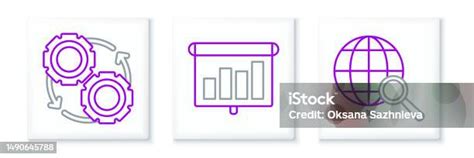 지구본 기어 및 화살표 워크플로 프로세스 개념과 프레젠테이션 재무 보드 그래프 일정 차트 다이어그램 인포그래픽 파이 그래프 아이콘이 있는 선 돋보기를 설정합니다 벡터 개념에