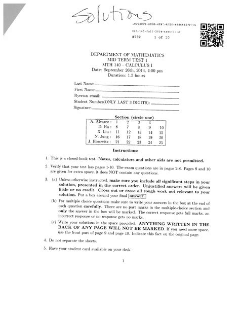Exam 2014 Questions And Answers El E 1 Of 10 9 Of Mid Term Test 1 Mth 140 Calculus I Date