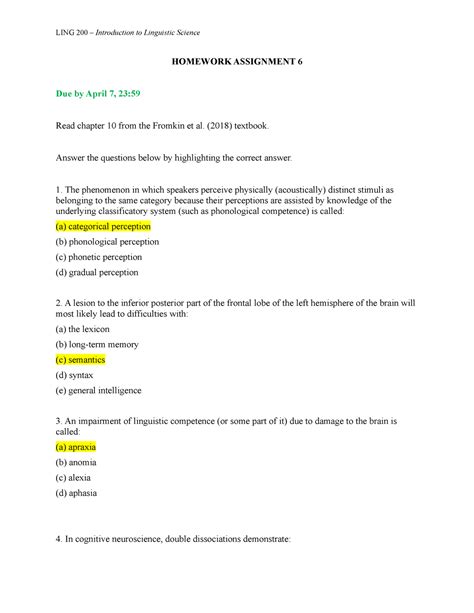 Ling 200 Homework Assignment 6 Completed Ling 200 Introduction To Linguistic Science