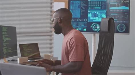 Black man, glasses and computer with coding in office for cybersecurity, Business, Corporate ...