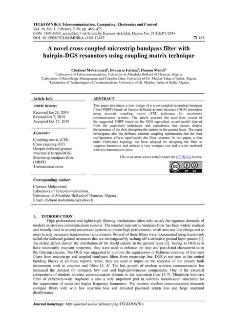 A Novel Cross Coupled Microstrip Bandpass Filter With Hairpin Dgs Resonators Using Coupling