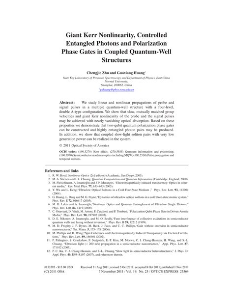 Pdf Giant Kerr Nonlinearity Controlled Entangled Photons And