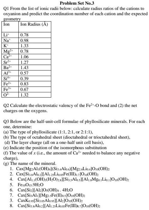 Problem Set No 3 Q1 From The List Of Ionic Radii Below Calculate The Radius Ratios Of The