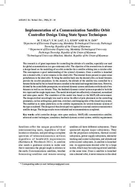 Pdf Implementation Of Communication Satellite Orbit Controller Design Using State Space Techniques