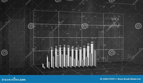 Image Of Diagrams With Numbers And Data Processing On Black Background