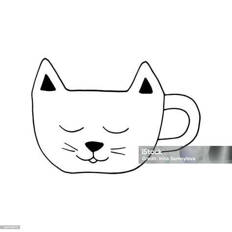 고양이 얼굴 손 그린 낙서의 형태로 컵 벡터 미니멀리즘 뜨거운 음료 코코아 커피 차 스티커 아이콘 메뉴 인쇄 고양이 새끼에 대한 스톡 벡터 아트 및 기타 이미지 Istock