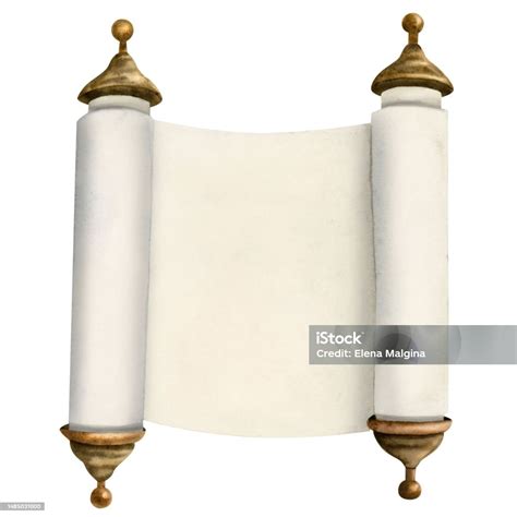 유대인 휴일 디자인 유월절 샤부옷 부림절 욤 키푸르 및 수콧 인사말을 위한 토라 두루마리 일러스트레이션 템플릿을 엽니다 손으로 그린 수채화 클립 아트 흰색 배경에 격리 비어