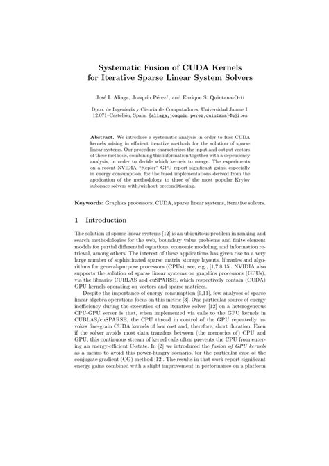 Pdf Systematic Fusion Of Cuda Kernels For Iterative Sparse Linear