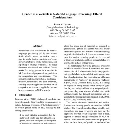 Gender As A Variable In Natural Language Processing Ethical