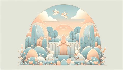 Illustration Of Easter Scene In Paradise With Angels Easter Bunny Easter Eggs In Soft Pastel