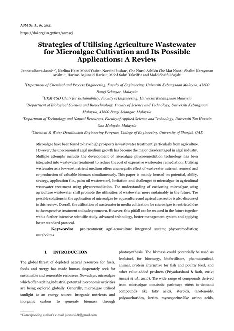 PDF Strategies Of Utilising Agriculture Wastewater For Microalgae Cultivation And Its Possible