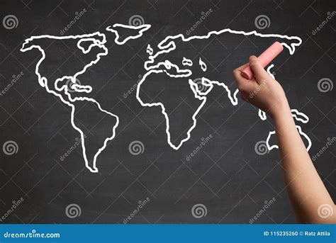 Adult Drawing World Map On Chalkboard Stock Photo Image Of Class Graphic