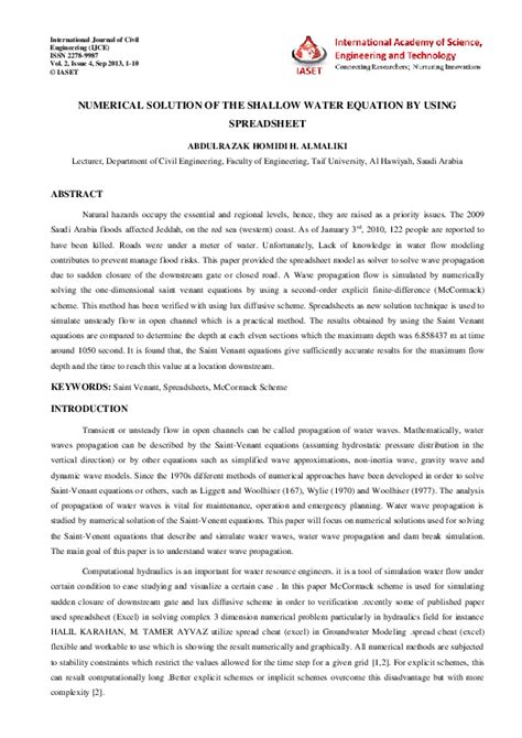 Pdf Numerical Solution Of The Shallow Water Equation By Using Spreadsheet