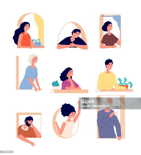 사람들을 들여다 창 밖으로 바라보는 남자 커튼 때문에 고립 된 여성 엿보기 이웃 사람들 젊은 의심스러운 얼굴 벡터 일러스트레이션 엿봄에 대한 스톡 벡터 아트 및 기타 이미지