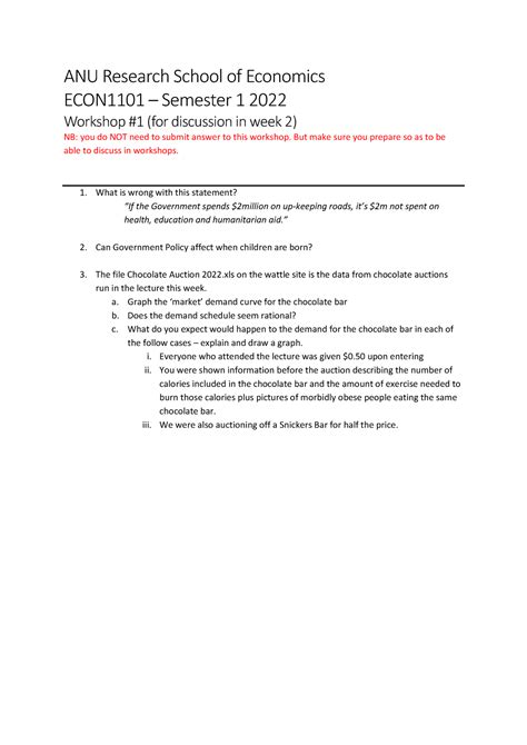 ECON Workshop Questions ANU Research School Of Economics ECON Semester