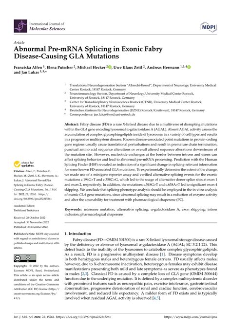Pdf Abnormal Pre Mrna Splicing In Exonic Fabry Disease Causing Gla