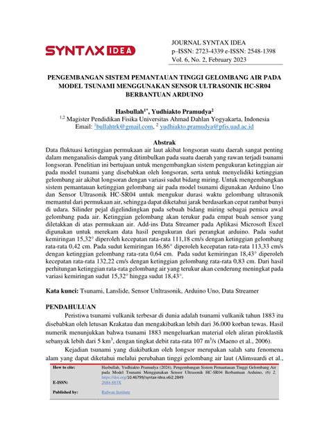 Pdf Pengembangan Sistem Pemantauan Tinggi Gelombang Air Pada Model Tsunami Menggunakan Sensor
