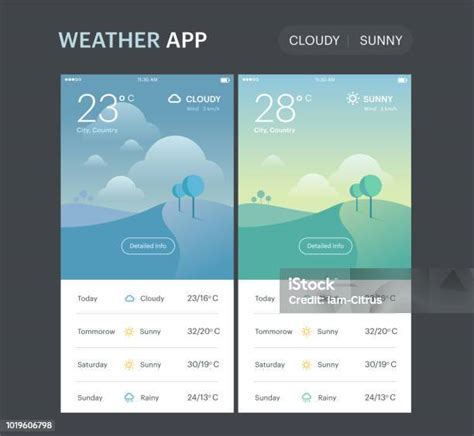 날씨 응용 프로그램 템플릿입니다 구름과 밝은 스크린입니다 ui ux 응용 프로그램 디자인입니다 레이아웃입니다 개념에 대한 스톡