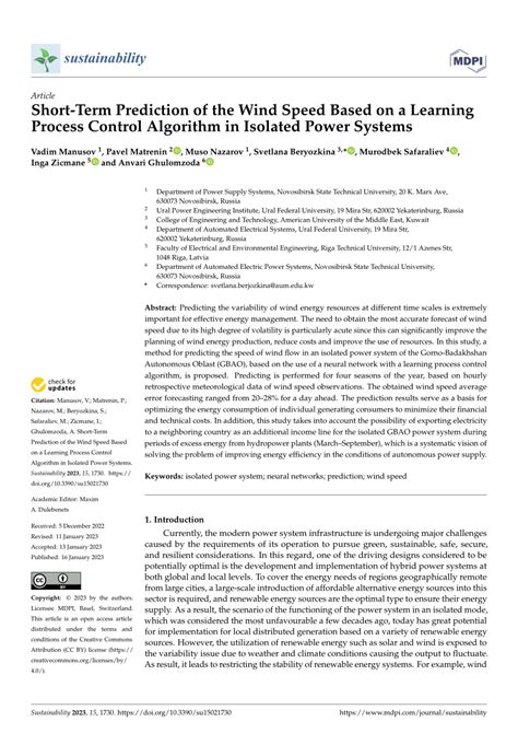 Pdf Short Term Prediction Of The Wind Speed Based On A Learning Process Control Algorithm In