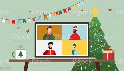 메리 크리스마스와 새해 복 많은 새해를 기원 하는 사람들 2022년 화상 통화 또는 웹 컨퍼런스를 통해 휴일을 축하하고 선물을