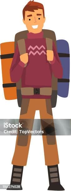 배낭 야외 모험 여행 캠핑 배낭 여행 또는 원정대 벡터 일러스트와 함께 웃는 남자 걷기에 대한 스톡 벡터 아트 및 기타 이미지 걷기 관광 관광객 Istock