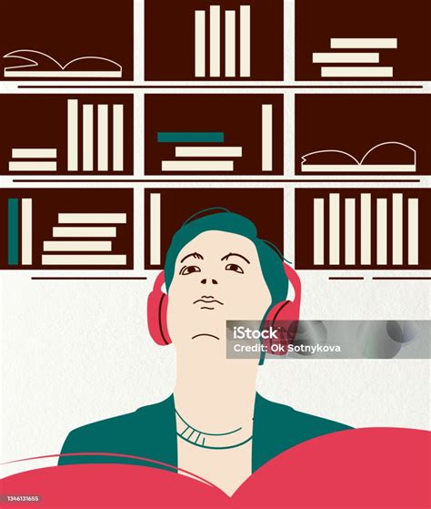 헤드폰의 일러스트 젊은이는 전화 응용 프로그램과 책 라이브러리에서 전자 책 이나 논픽션 팟 캐스트를 듣고 팟캐스팅에 대한 스톡