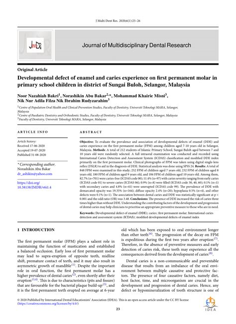 Pdf Developmental Defect Of Enamel And Caries Experience On First Permanent Molar In Primary