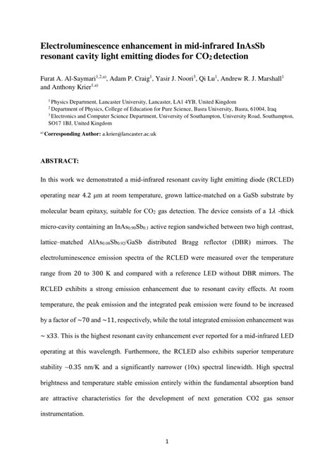 Pdf Electroluminescence Enhancement In Mid Infrared Inassb Resonant Cavity Light Emitting