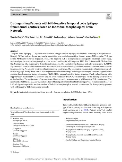 Distinguishing Patients With Mri Negative Temporal Lobe Epilepsy From Normal Controls Based On