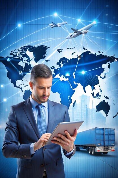 Graph Growth Of Business Logistics With World Map Of Transportation Businessman Using Tablet