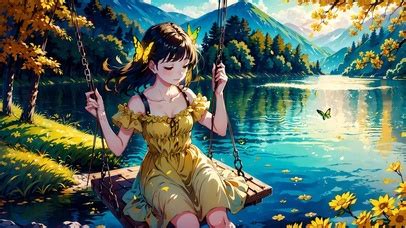 湖边坐在秋千上的女孩美女动态壁纸 动态壁纸下载 元气壁纸