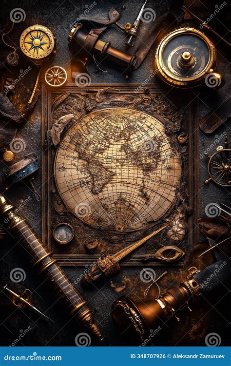Detailed Digital Art Of A Medieval Map With Compasses Rulers And