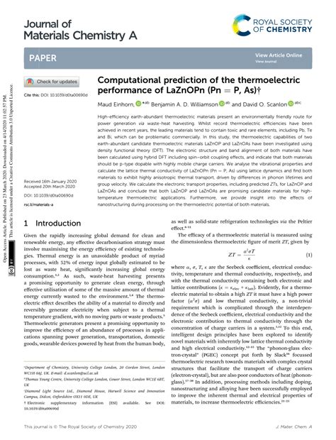 Pdf Computational Prediction Of The Thermoelectric Performance Of