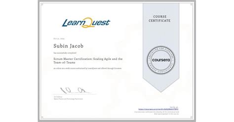 Subin Jacob On Linkedin Completion Certificate For Scrum Master Certification Scaling Agile And