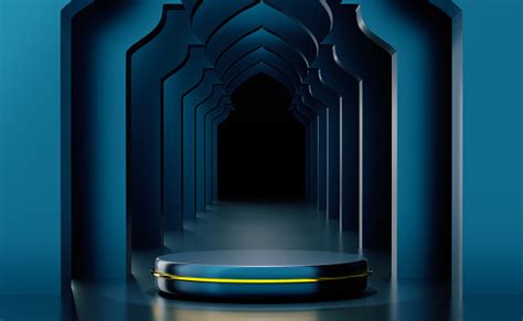 현대적인 무대 디스플레이 및 미니멀리스트 모형 추상 쇼케이스 배경 개념 3d 그림 또는 3d 렌더링을 위한 파란색 구성의 기하학적 모양이 있는 연단 비어 있습니다 모스크에
