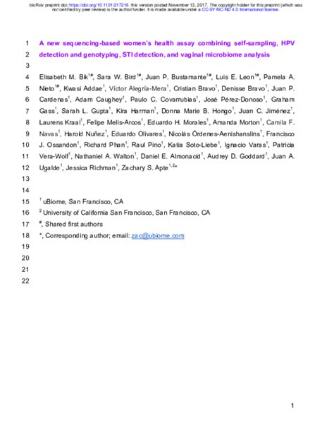 Pdf A Novel Sequencing Based Vaginal Health Assay Combining Self Sampling Hpv Detection And