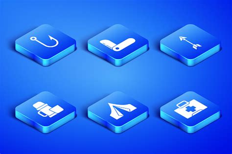 구급 상자 낚싯바늘 관광 텐트 보온병 용기 및 컵 스위스 군용 칼 및 힙스터 화살표 아이콘을 설정합니다 벡터 3차원 형태에 대한 스톡 벡터 아트 및 기타 이미지 Istock