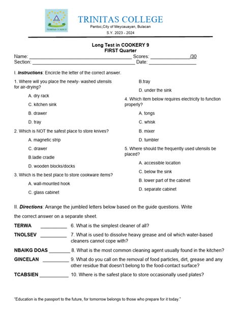 Tle Cookery 9 Long Test Download Free Pdf Materials Home