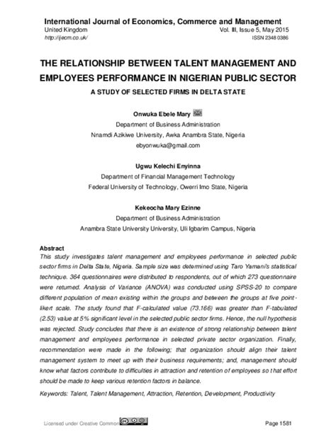 Pdf The Relationship Between Talent Management And Employees Performance In Nigerian Public
