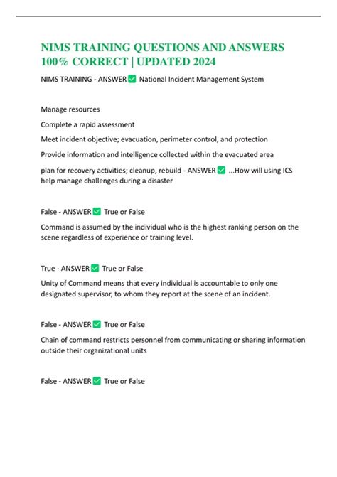 NIMS TRAINING QUESTIONS AND ANSWERS CORRECT UPDATED NIMS Stuvia US