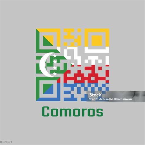 Qr 코드는 코모로 국기의 색을 설정 합니다 흰색 초승달과 4 개의 별이 있는 녹색 갈매기 모양의 노란색 흰색 빨간색과 파란색의 네 개의 가로 줄무늬 0명에 대한 스톡 벡터